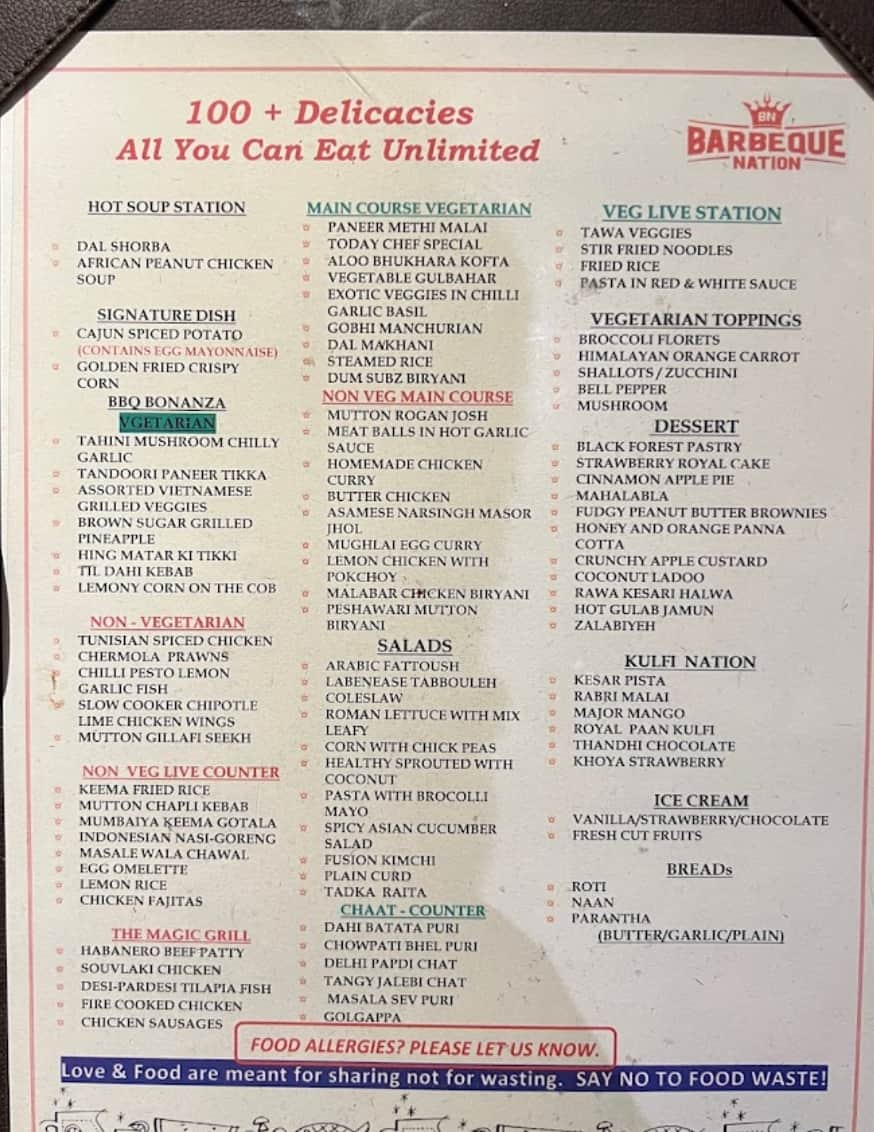 Menu of Barbeque Nation, Al Wahda, Abu Dhabi
