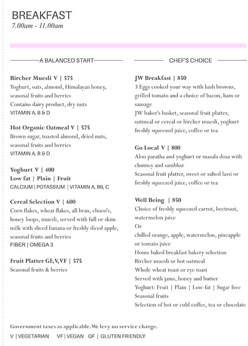 Menu at JW Cafe, Mussoorie