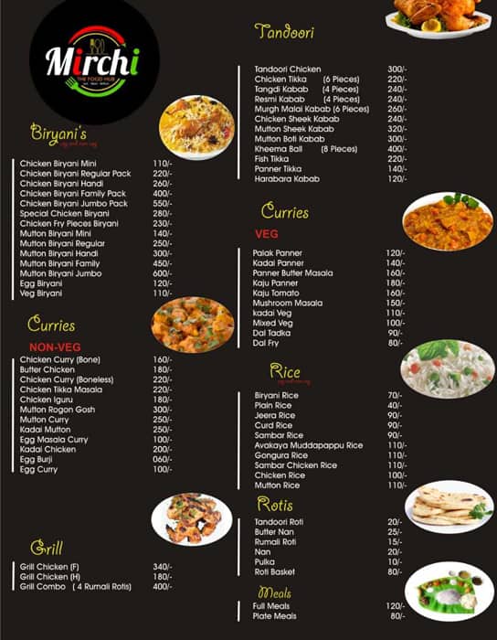 Menu of Mirchi, Madhapur, Hyderabad