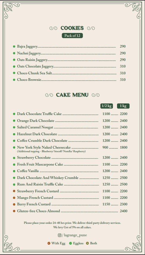 Menu of La Grange, Bund Garden Road, Pune