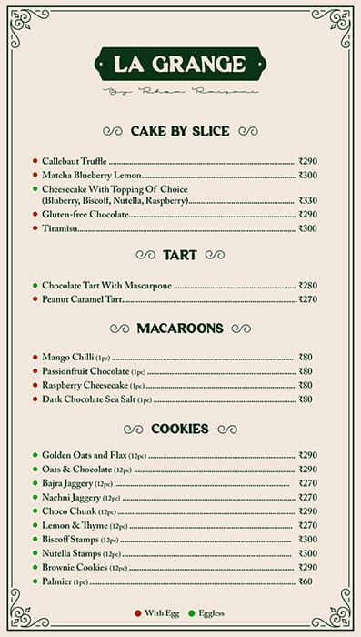 Menu of La Grange, Bund Garden Road, Pune