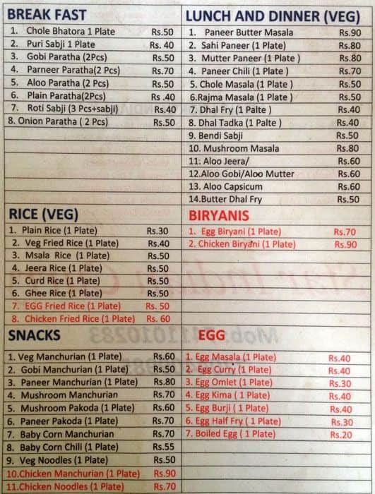 Menu at Curry point, Bengaluru, XQM9+28C