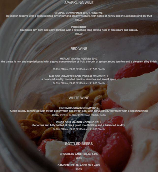 Menu at The Spoke restaurant, London