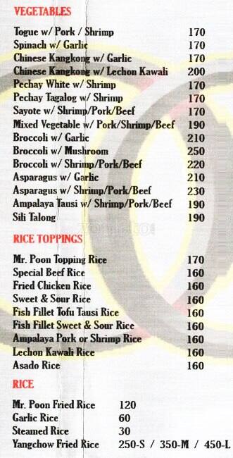 Menu at Mr. Poon restaurant, Quezon City, Mother Ignacia St.