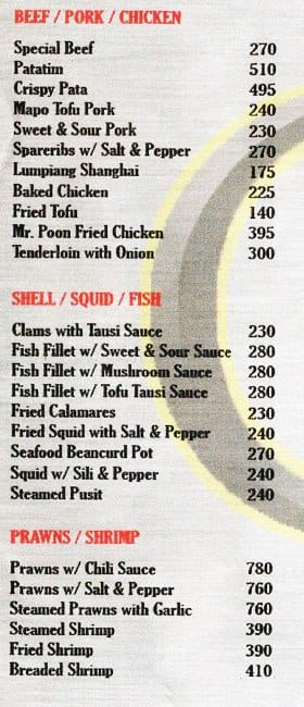 Menu at Mr. Poon restaurant, Quezon City, Mother Ignacia St.