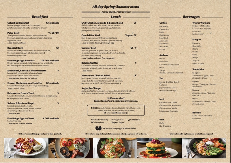 Menu at Columbus Coffee cafe, Wellington, 188 Featherston St