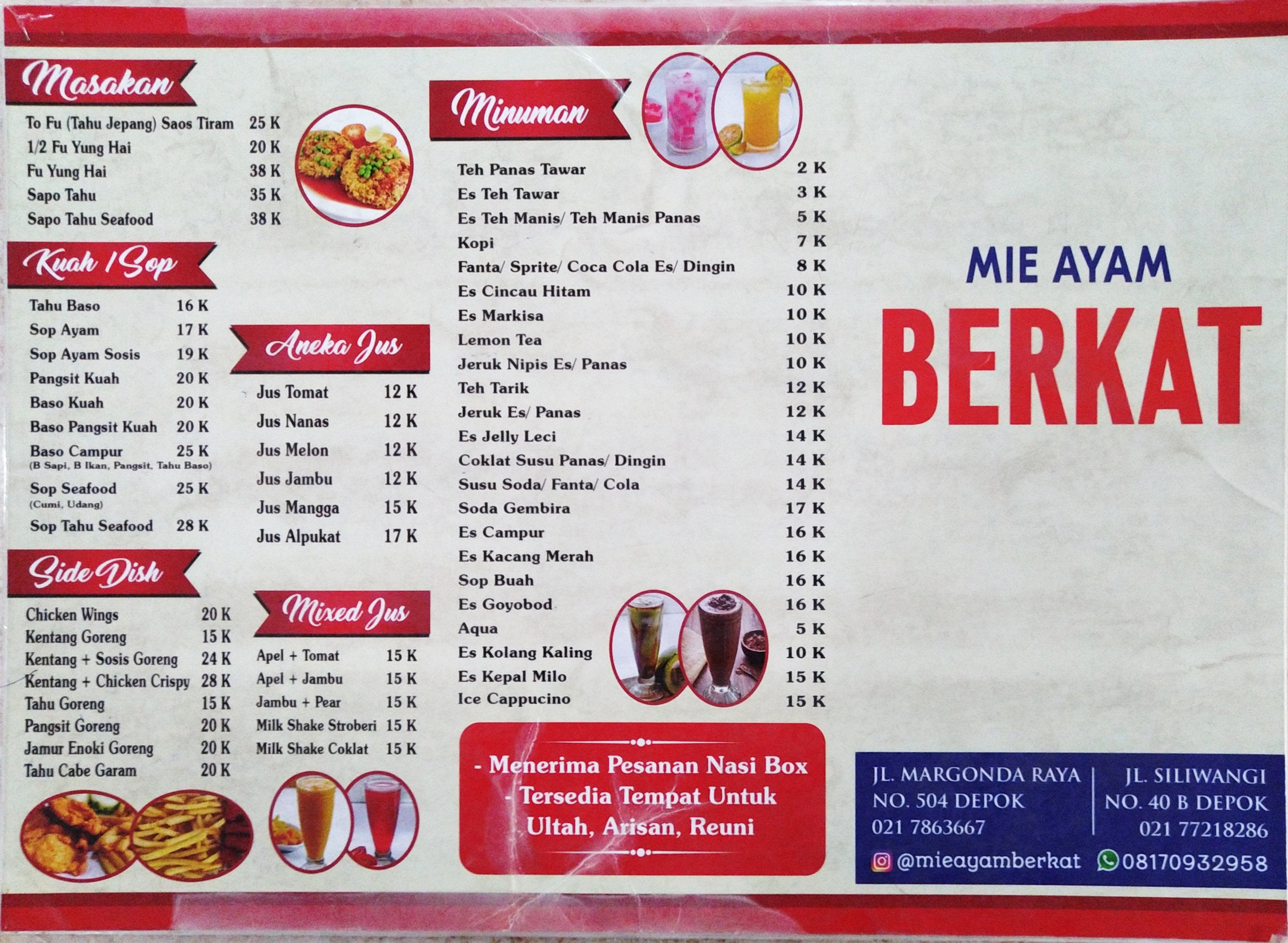 Menu at Resto Mie Ayam Berkat restaurant, Jakarta