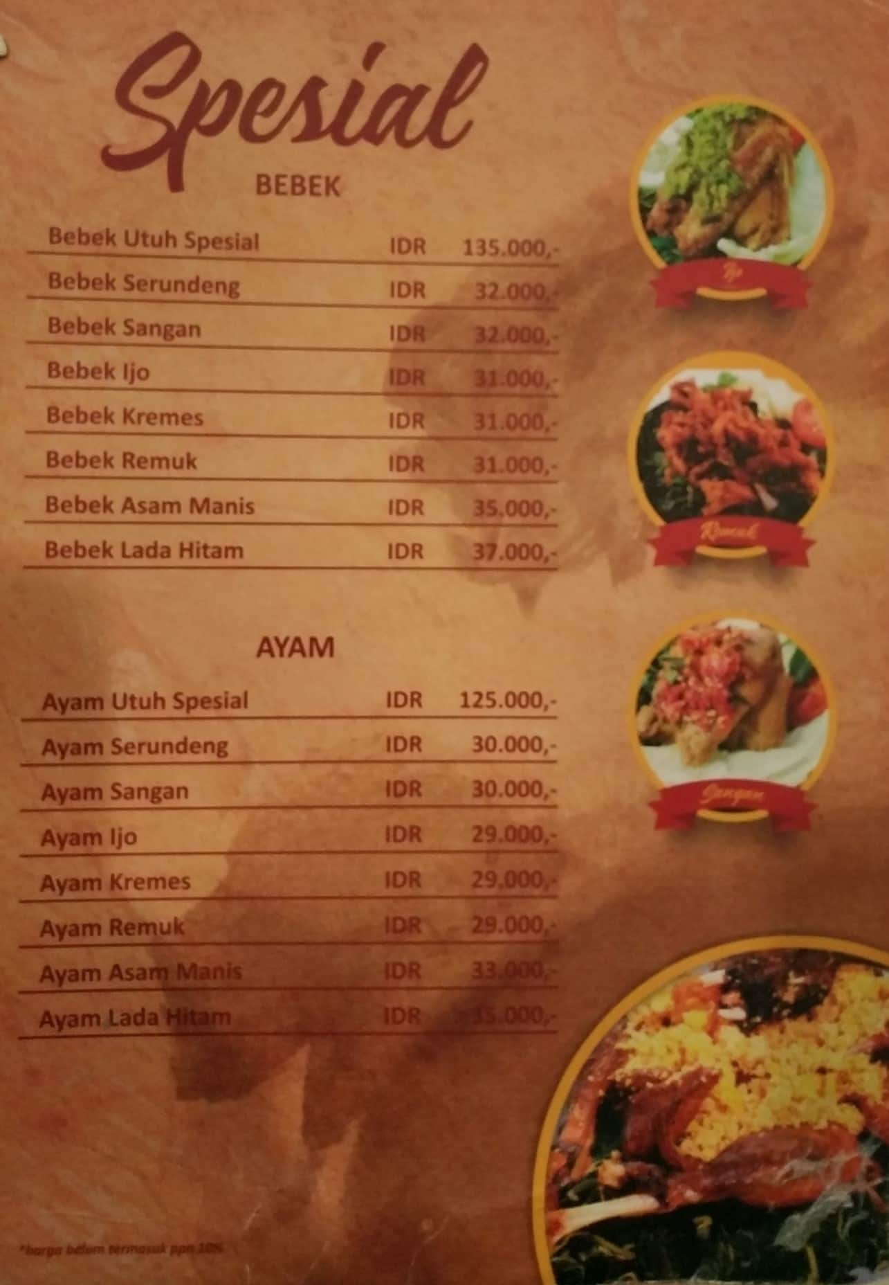 Menu at Bebek & Ayam Goreng Pak Ndut restaurant, Depok, Jl. Siliwangi No.11