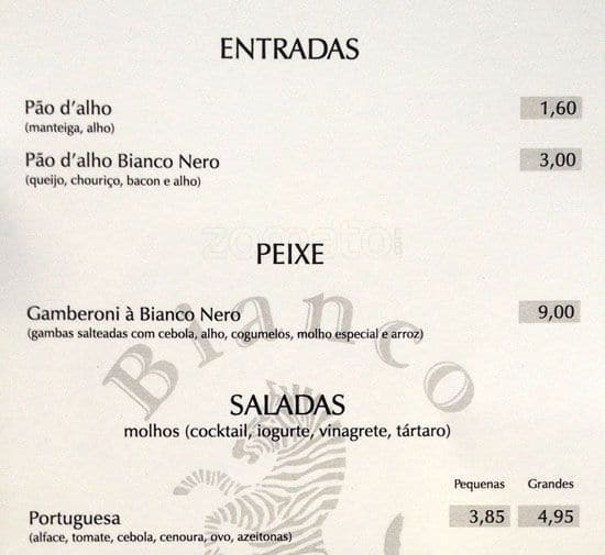 Menu em Bianco Nero Damaia restaurante, Amadora