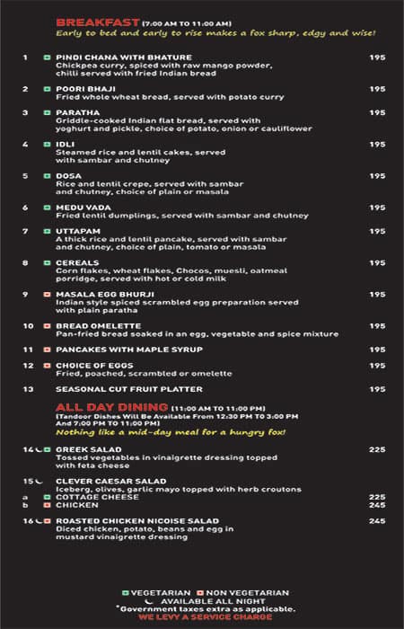 Menu of Clever Fox Cafe - Lemon Tree Hotel Aerocity, Aerocity, New Delhi