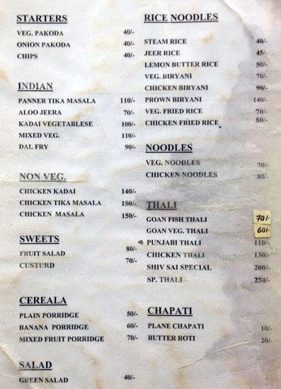 Shiv Sai Menu, Menu for Shiv Sai, Palolem, Goa - Zomato