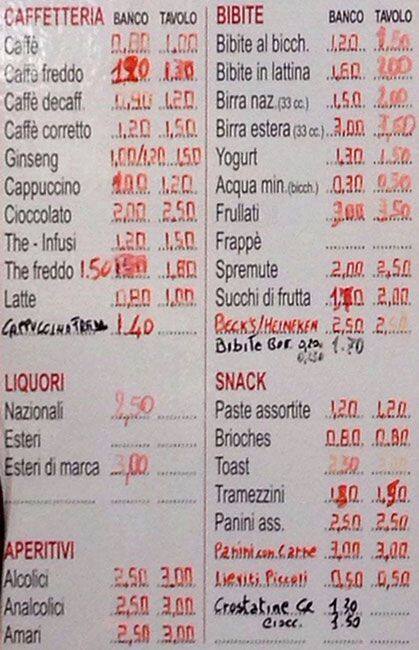 Menu da Bar Tavola Calda, Roma, Via Luchino dal Verme