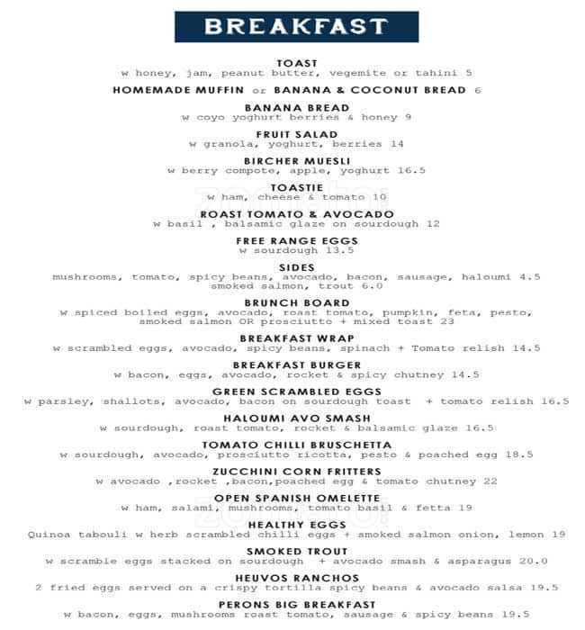 Cafe Perons menu, Menu restauracji Cafe Perons, Double Bay, Sydney ...