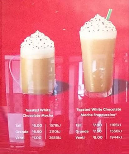 Menu at Starbucks cafe, Melbourne, Shops 201 - 203