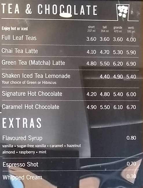 Carta del café Starbucks 295 Swanston St, Melbourne, 295 Swanston St