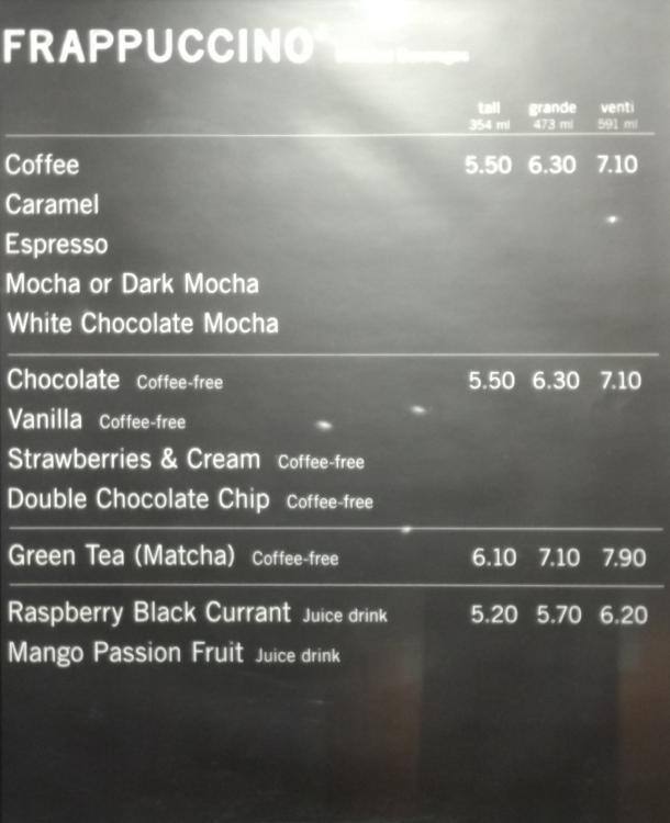 Menu at Starbucks cafe, Melbourne, 205 Swanston St