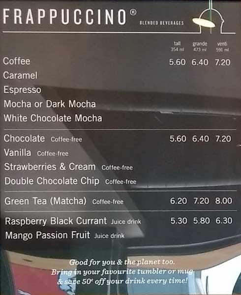 Carta del café Starbucks 295 Swanston St, Melbourne, 295 Swanston St