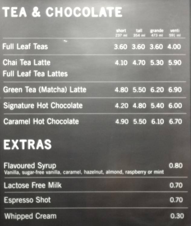 Menu at Starbucks cafe, Melbourne, 205 Swanston St