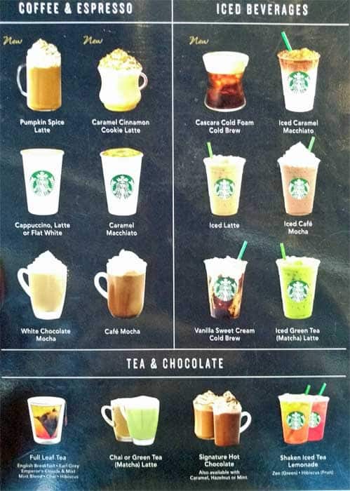 Carta del café Starbucks 295 Swanston St, Melbourne, 295 Swanston St