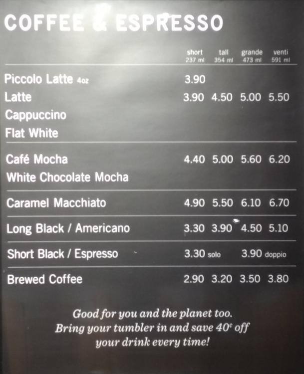 Menu at Starbucks cafe, Melbourne, 205 Swanston St