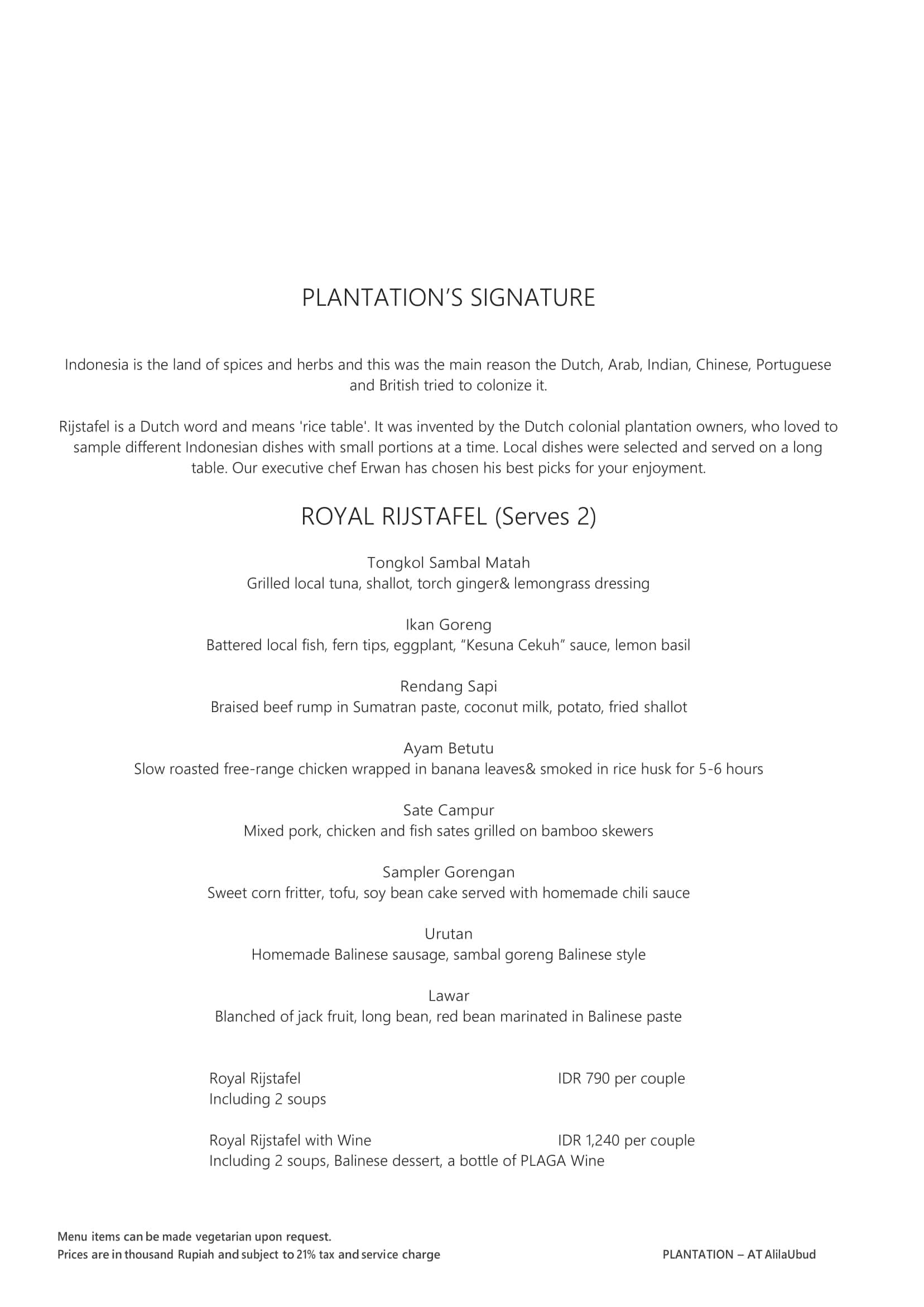 Menu at Plantation Restaurant, Mengwi