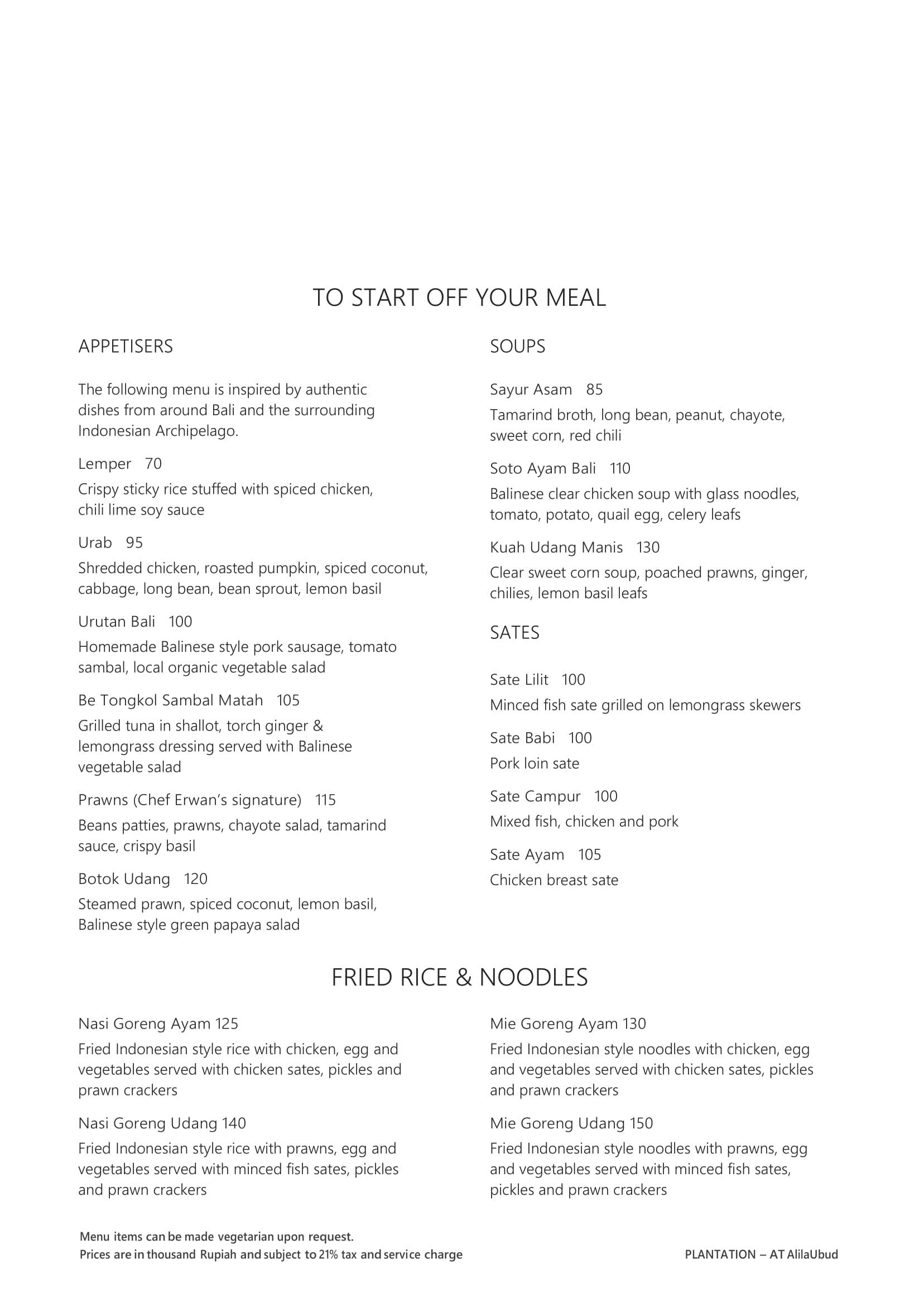 Menu at Plantation Restaurant, Mengwi