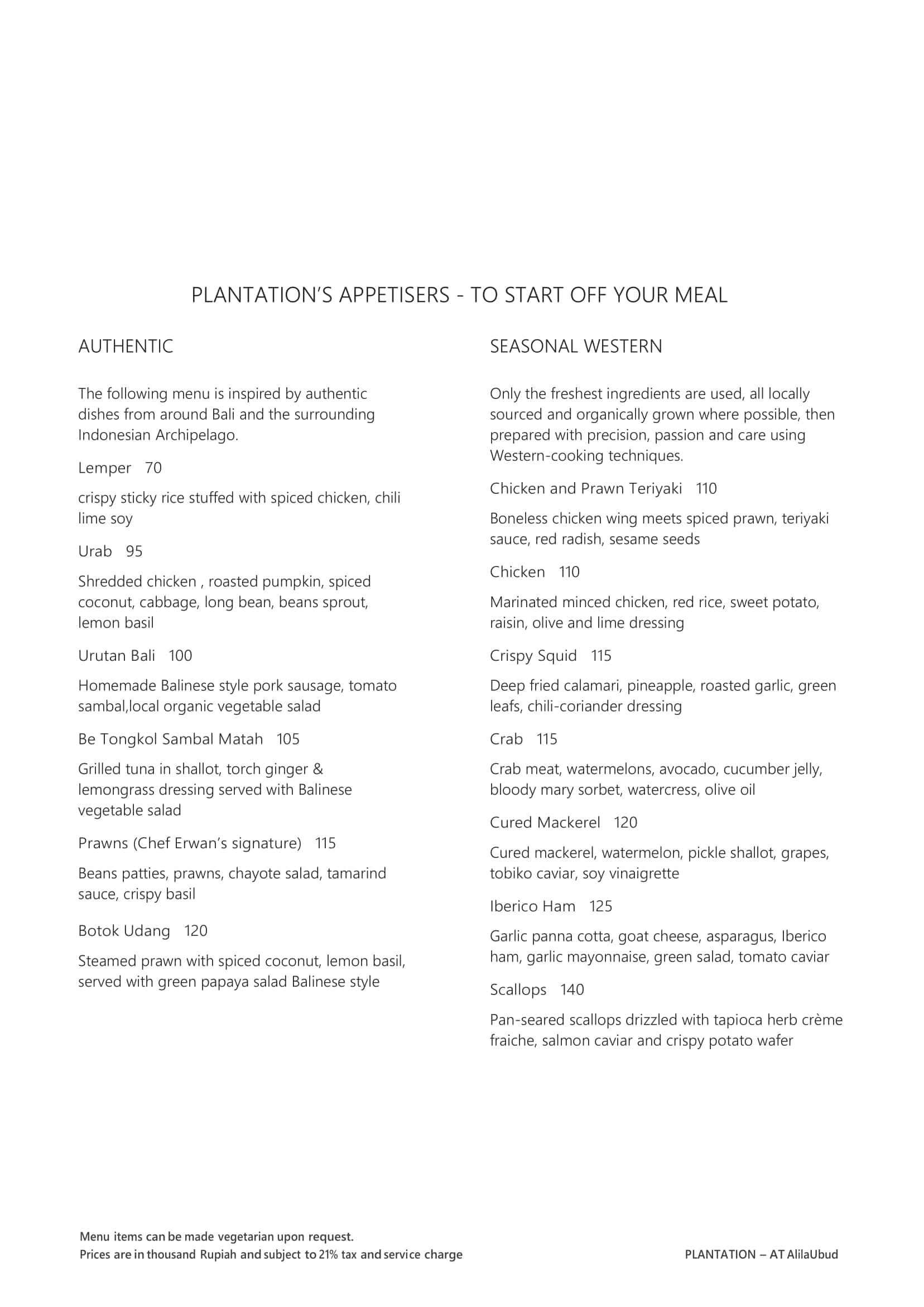 Menu at Plantation Restaurant, Mengwi