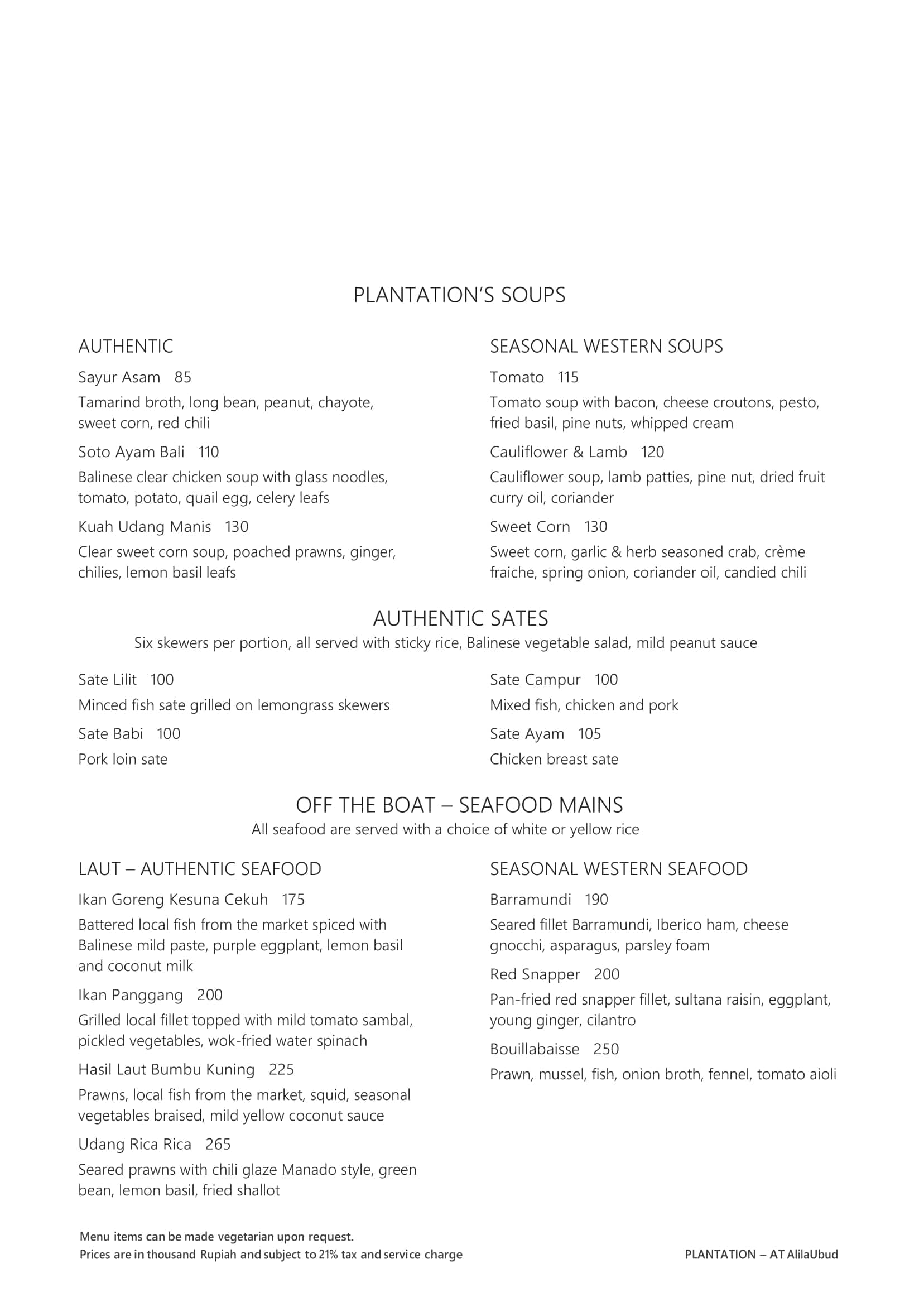 Menu at Plantation Restaurant, Mengwi