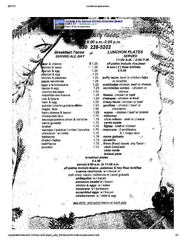 Menu at Comal County Tacos restaurant, Spring Branch