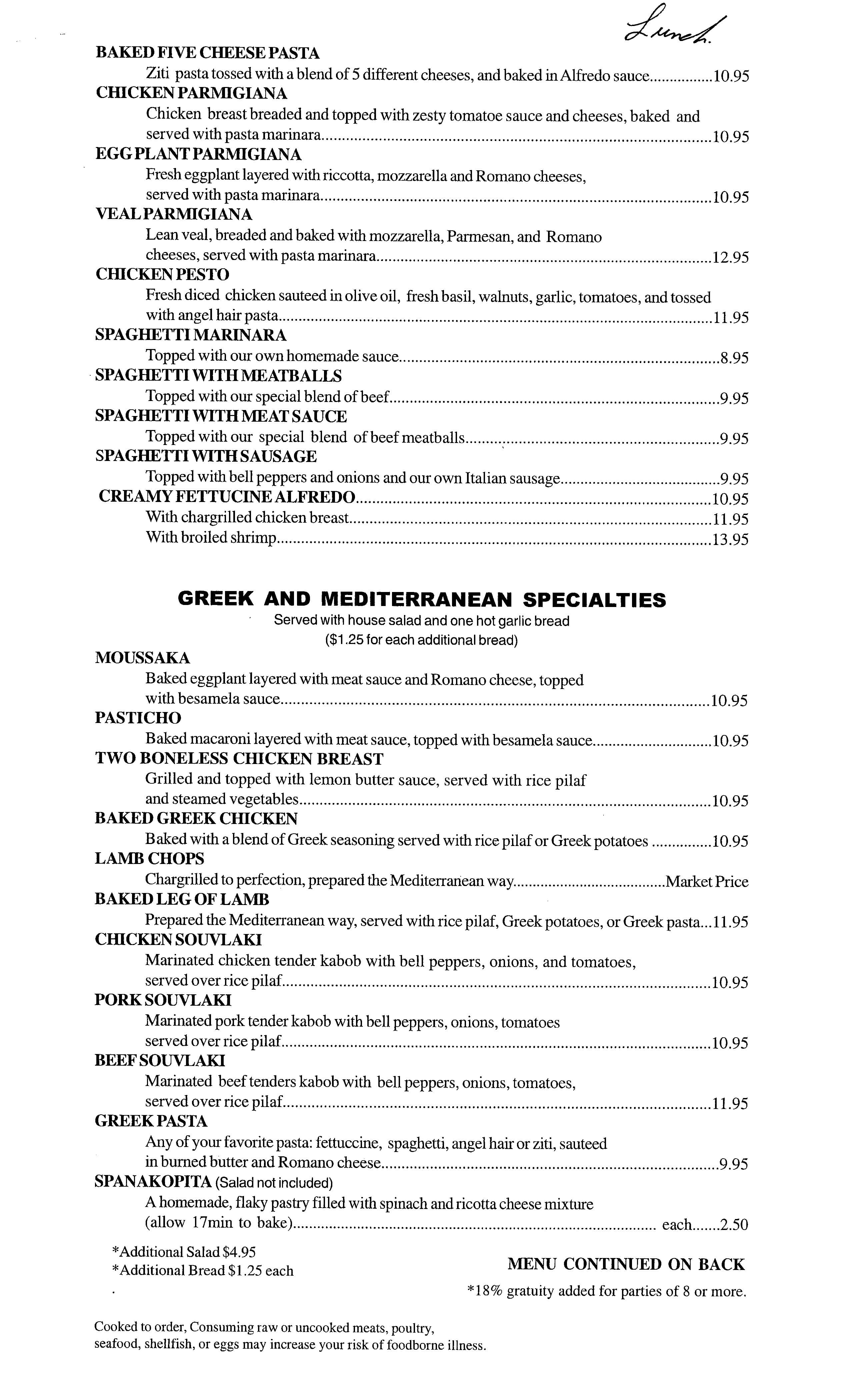 Menu at Costa's Mediterranean Cafe, Hoover, Lorna Rd