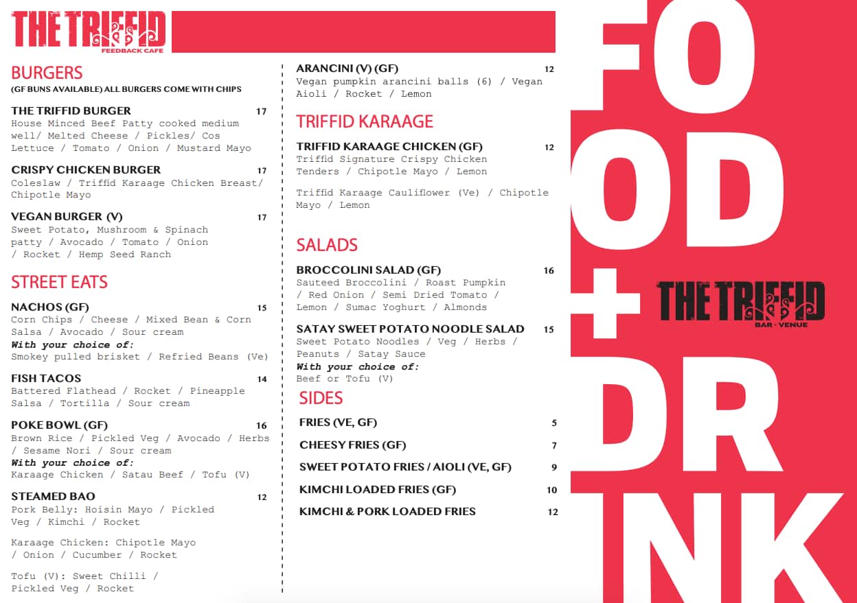 Menu at The Triffid restaurant, Newstead