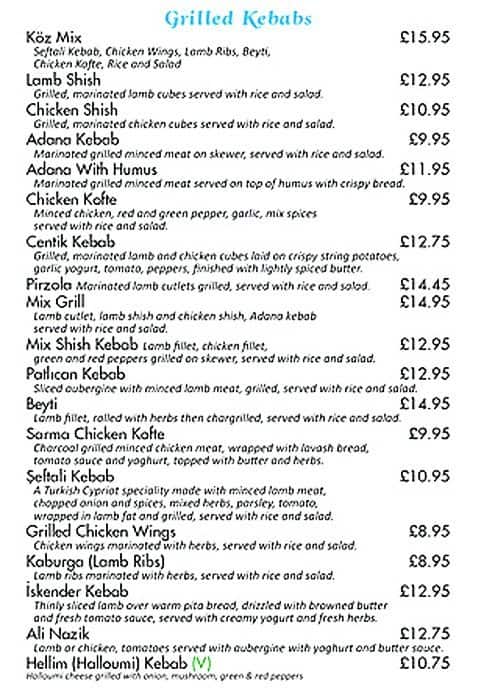 Menu at Koz Restaurant, Beckenham, 87 High St