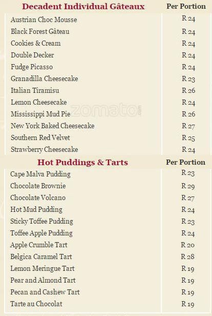 Menu au Château Gâteaux Centurion Mall desserts, Centurion, Mall