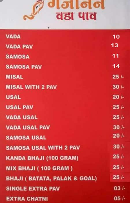 Menu of Gajanan Vada Pav, Dombivali West, Thane