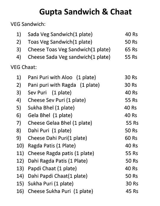 Menu of Gupta Sandwich & Chaat, Kandivali West, Mumbai