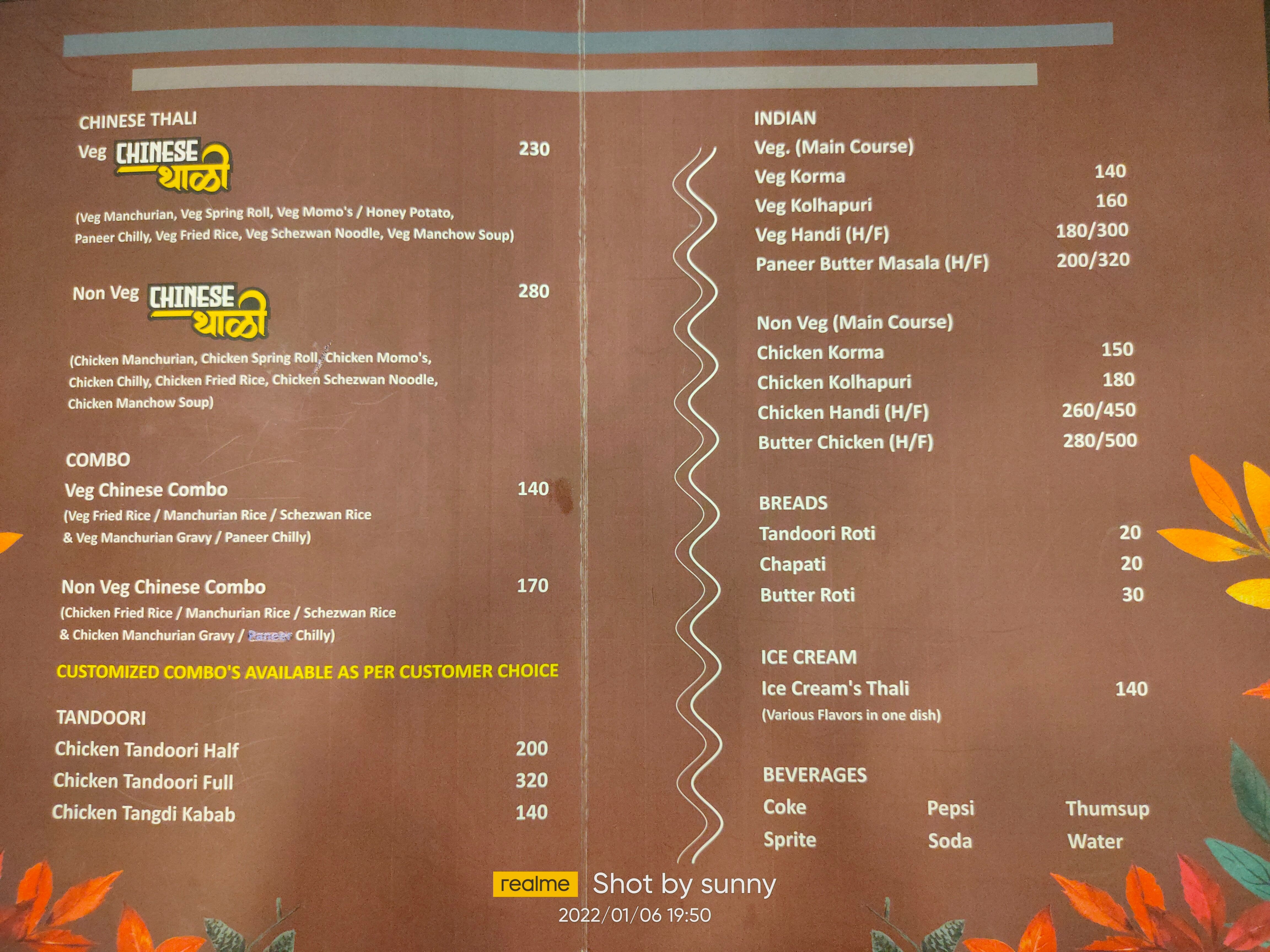 Menu of Chinese Thali, Lohegaon, Pune