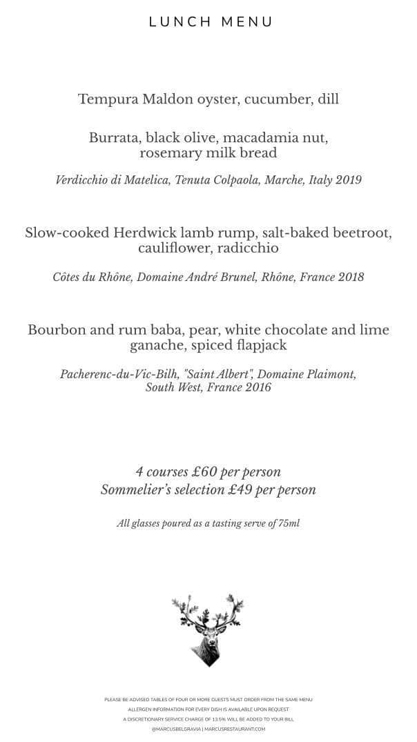 Menu at Marcus Belgravia restaurant, London