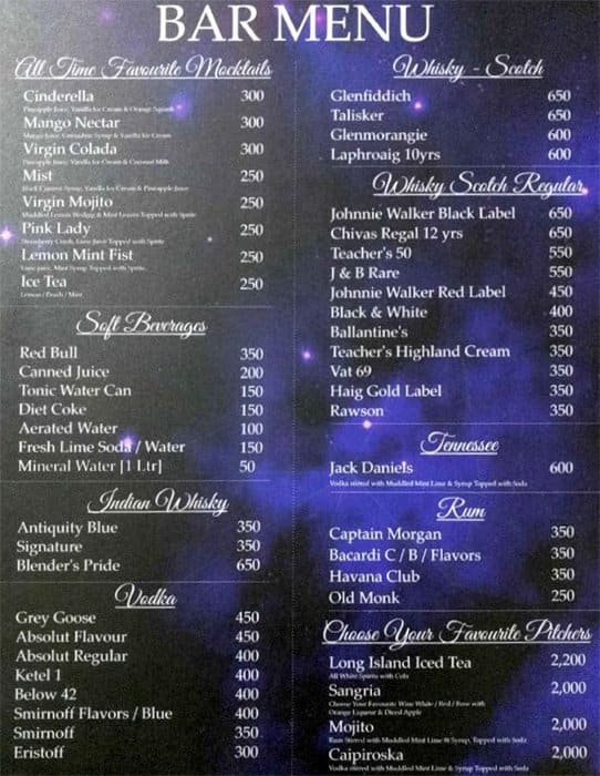 Menu at Area 51 club, Pune, HQ5P+4V4