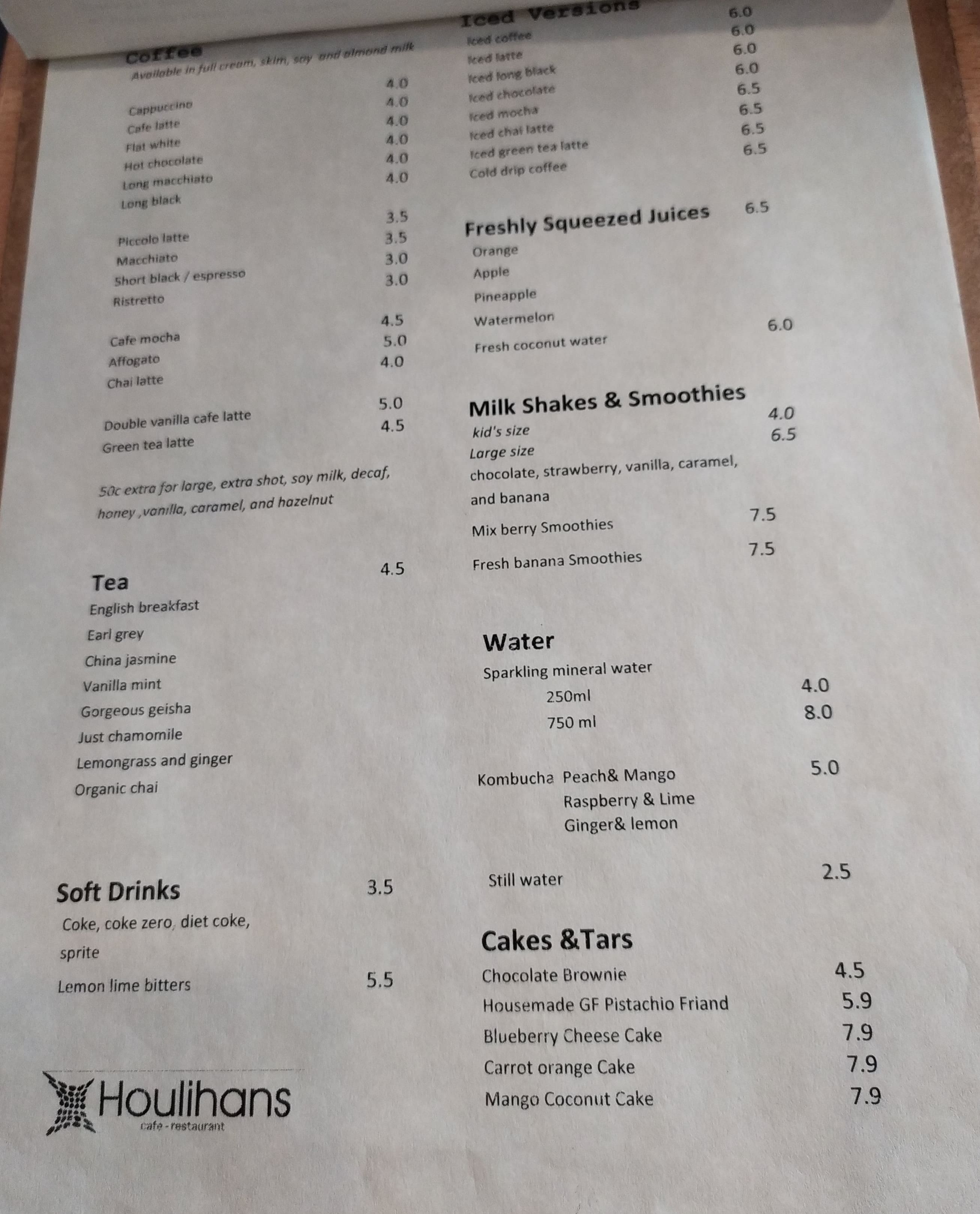 Carta del restaurante Houlihans, Chatswood