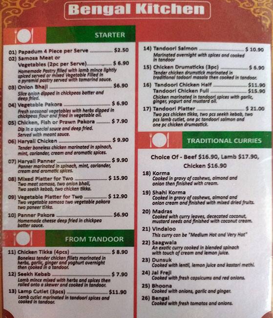 Menu at Bengal Kitchen restaurant, Woolloongabba
