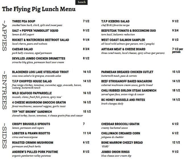 Menu at The Flying Pig restaurant, Vancouver