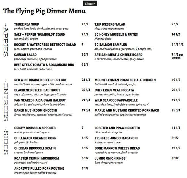 Menu at The Flying Pig Olympic Village restaurant, Vancouver, 127 W 2nd Ave