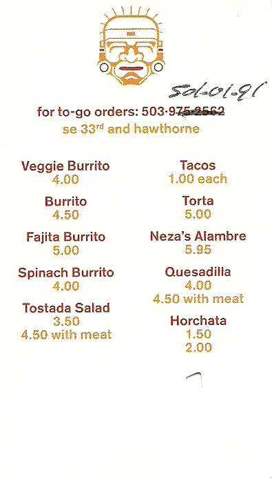 Menu at Neza restaurant, Portland