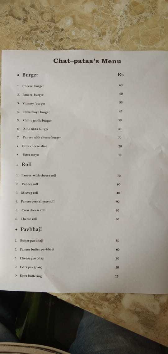 Menu at Chat-pata, Allahabad, Taskanmarg