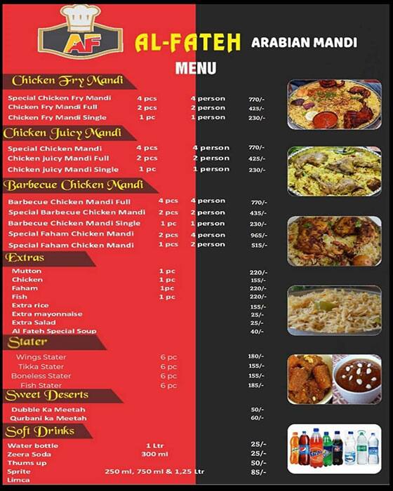 Menu at Al-Fateh Arabian Mandi, Hyderabad