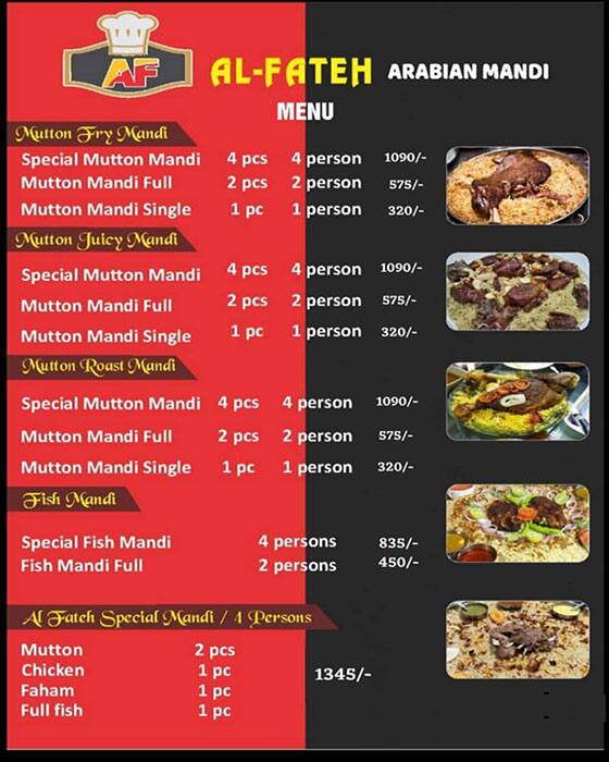 Menu at Al-Fateh Arabian Mandi, Hyderabad