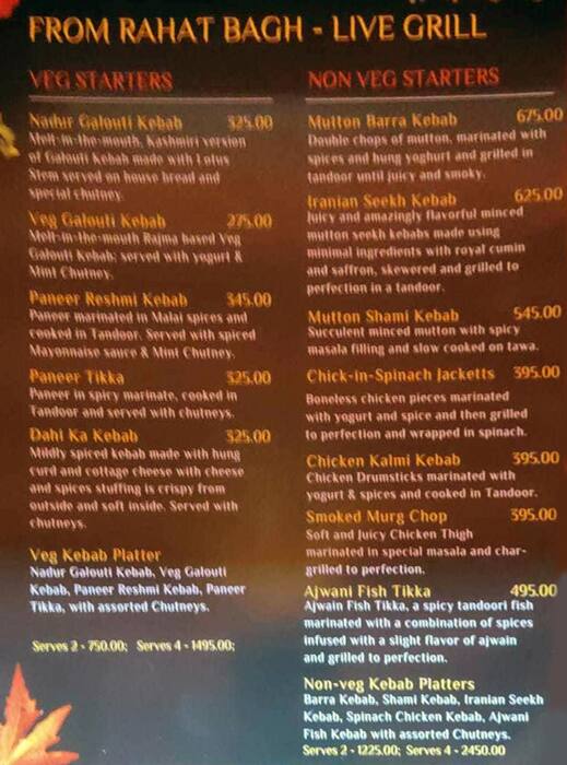 Menu of Rahat Bagh, Whitefield, Bangalore