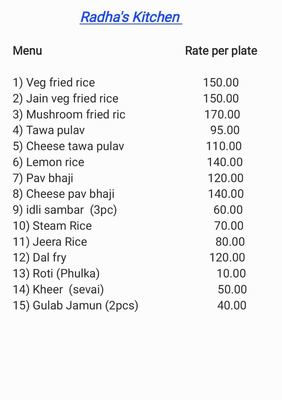 Menu of Radha's Kitchen, B.T. Kawade Road, Pune