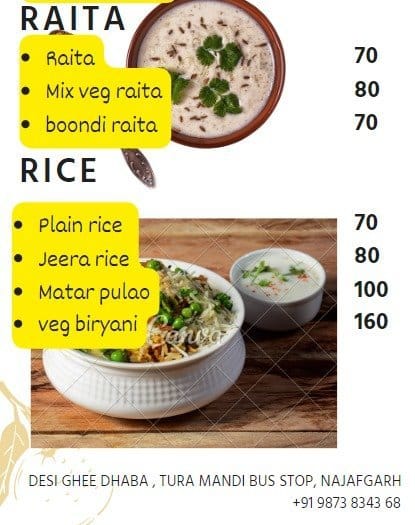 Menu of Desi Ghee Dhaba, Najafgarh, New Delhi