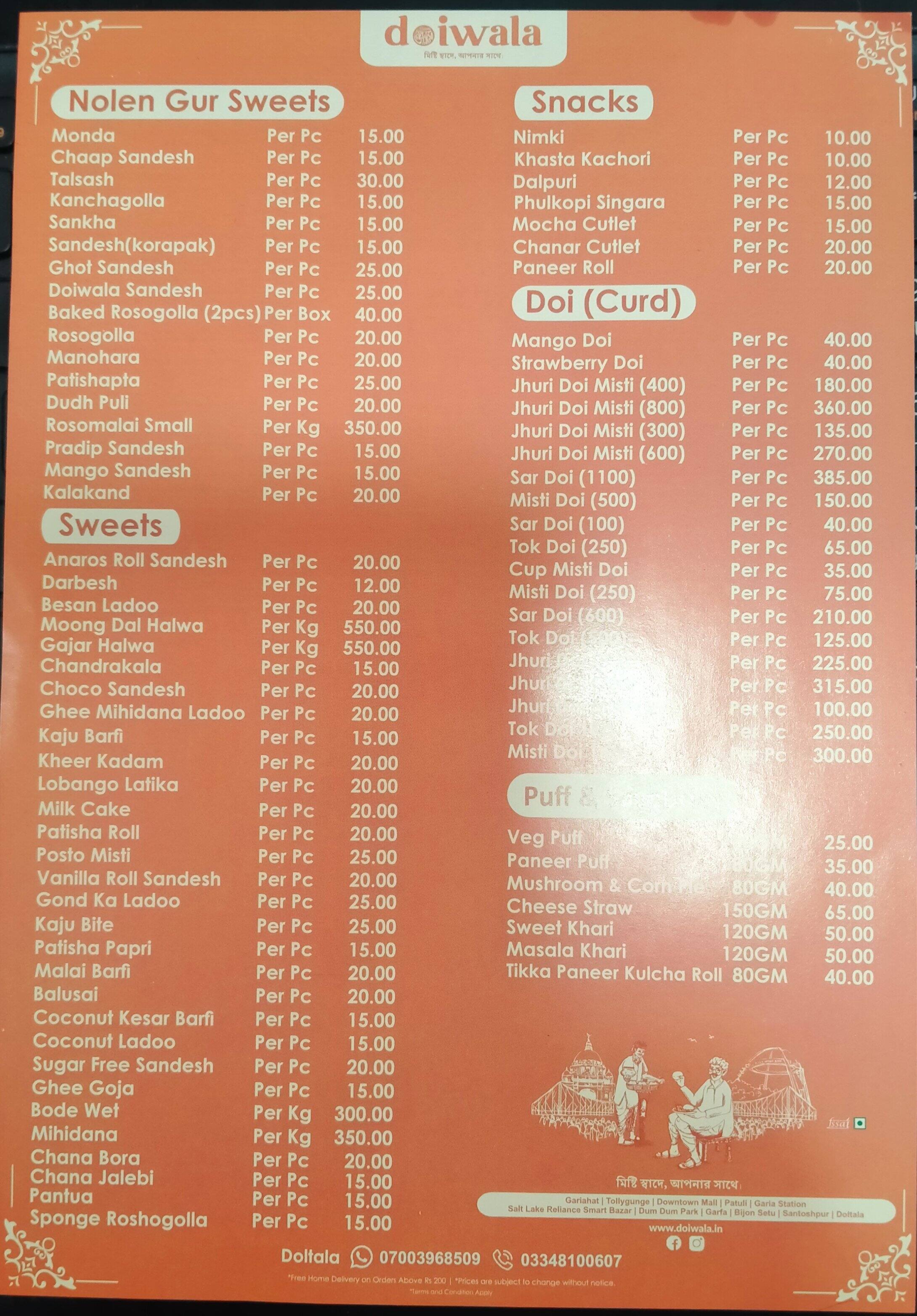 Menu of Doiwala, Dum Dum, Kolkata